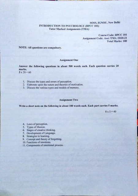 Introduction to Psychology Assignment BPCC 101 | PDF Introduction to Psychology Assignment BPCC 101 | PDF