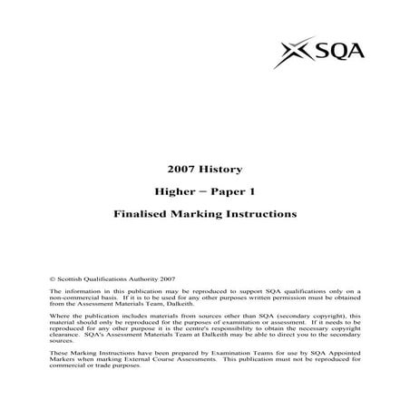 Higher History exam (paper 1) - 2007 (marking instructions) | PDF