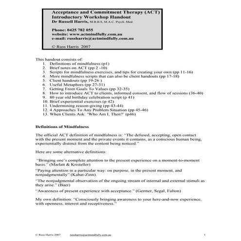 Acceptance and Commitment Therapy (ACT) Introductory Workshop Handout ...