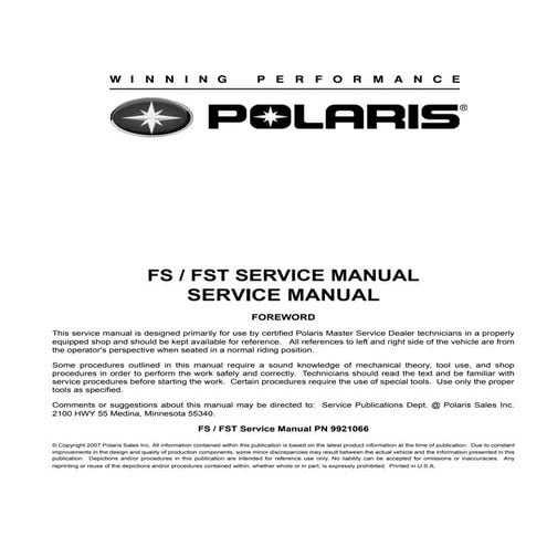 2007 polaris fst iq snowmobile service repair manual | PDF