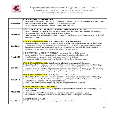 2008 10 Case Study Planning Calendar | DOCX
