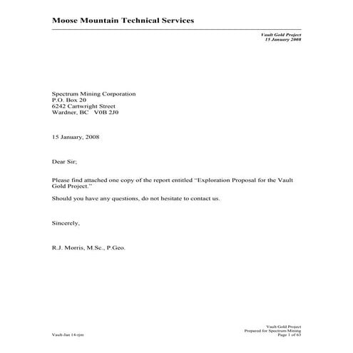 2008 Vault Gold exploration proposal Okanagan Falls British Columbia ...