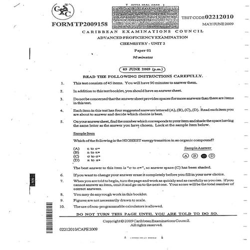 CAPE Chemistry Unit 2 Paper 1 2009 | PDF