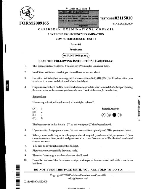 CAPE Computer Science Unit 1 Paper 1 - Practice Paper | PDF
