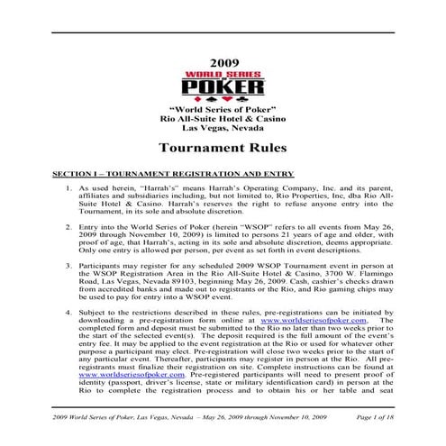 WSOP 2009: Tournament Rules | PDF