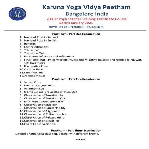 200 Hr Yoga Teacher Training Certificate Course Batch January 2021 Revision Examination ...