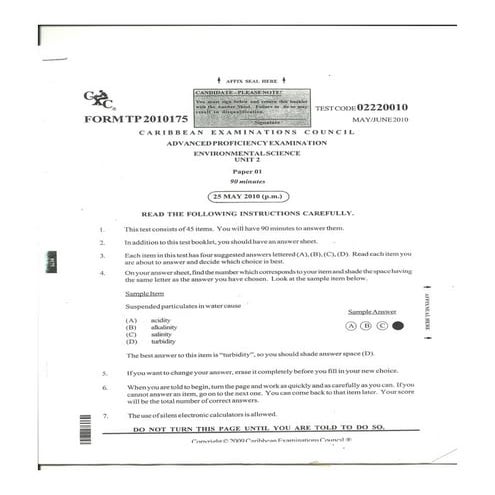CAPE Environmental Science Unit 2 Paper 1 2010 | PDF