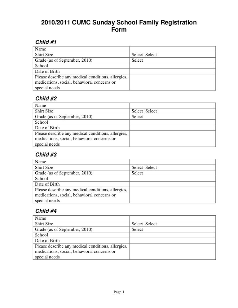 Printable Sunday School Registration Forms - Printable Forms Free Online