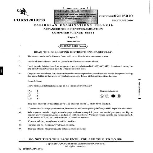 2010 CAPE Computer Science Unit 1 Paper 1 | PDF