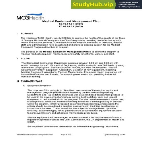 2010 Medical Equipment Management Plan Medical Equipment Management ...