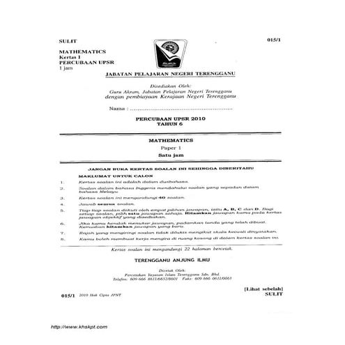 Soalan Percubaan UPSR Matematik | DOC