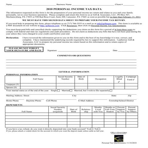 2010 Personal Income Tax Questionnaire | PDF
