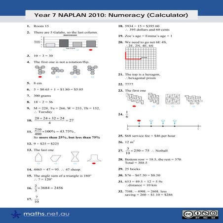 2010 year 7 naplan calculator solutions | PDF