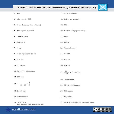 2010 year 7 naplan non calculator solutions | PDF