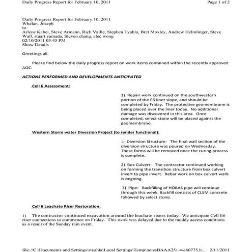 Feb. 10 Waste Management Daily Progress Report | PDF