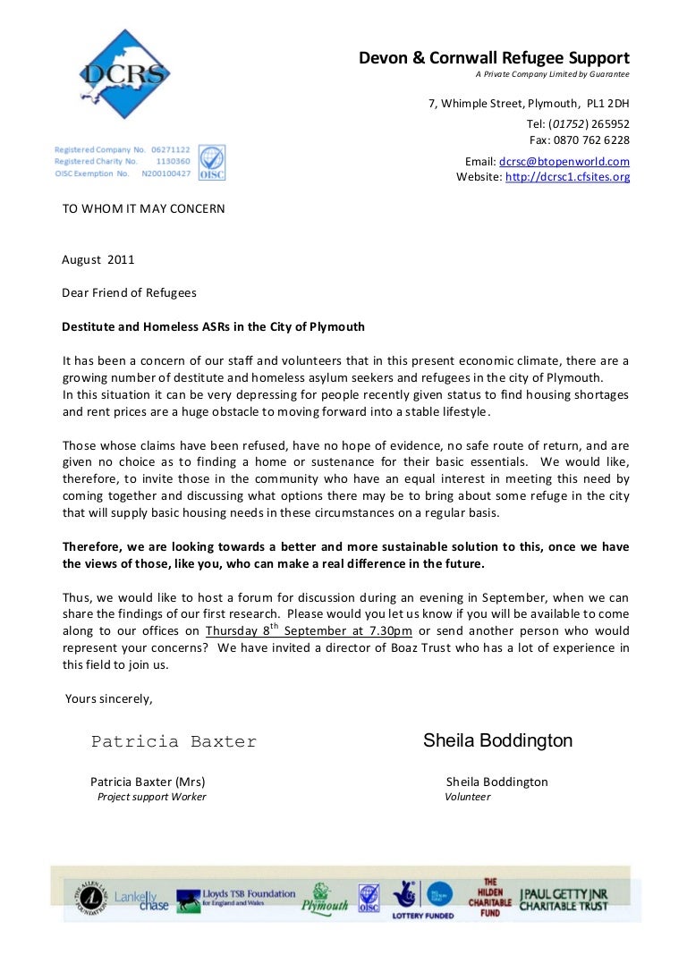 DCRS August 2011 Destitution Forum Letter