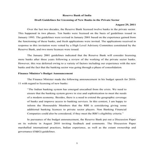 2011 India new banks licenses (draft) guidelines | PDF