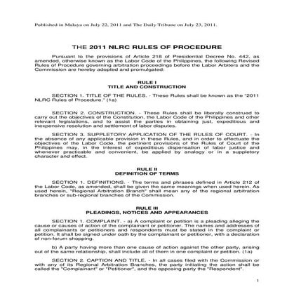 2011 NLRC Rules of Procedure | PDF