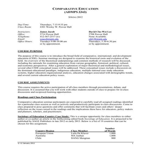 Syllabus, ADMPS 3343 Comparative Education, Spring 2012 | PDF