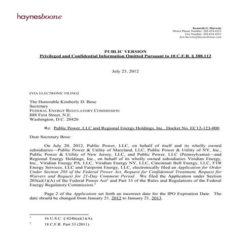 2012.07.23 letter to ferc detailing acquisition | PDF