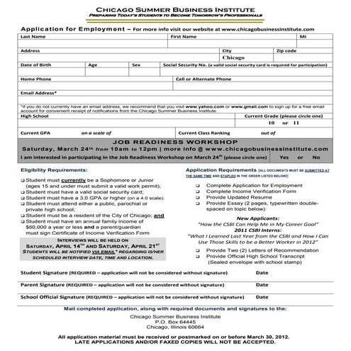 2012 Chicago Summer Business Institute (CSBI) application package | PDF