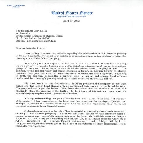 2012 Letter to US Ambassador Locke from Senator Landrieu | PDF