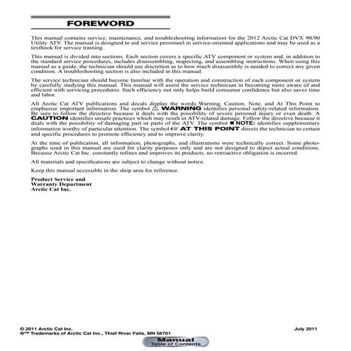 2012 arctic cat dvx 90 90 utility atv service repair manual | PDF