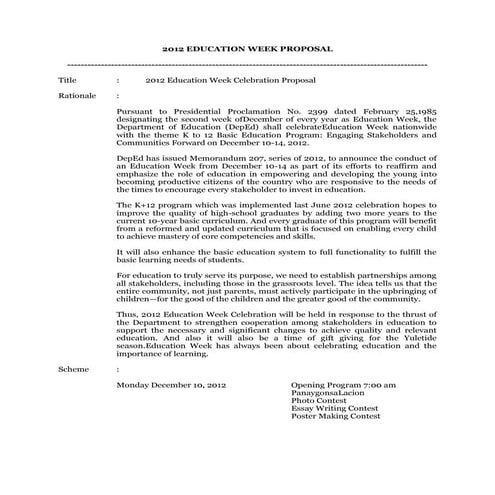 2012 education week proposal | DOCX | Photography | Arts and Crafts