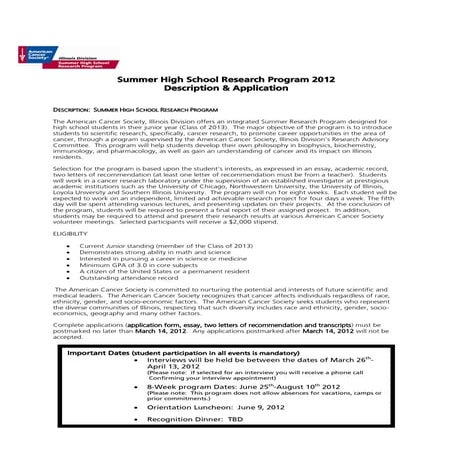 2012 Application for the Summer High School Research Program | PDF