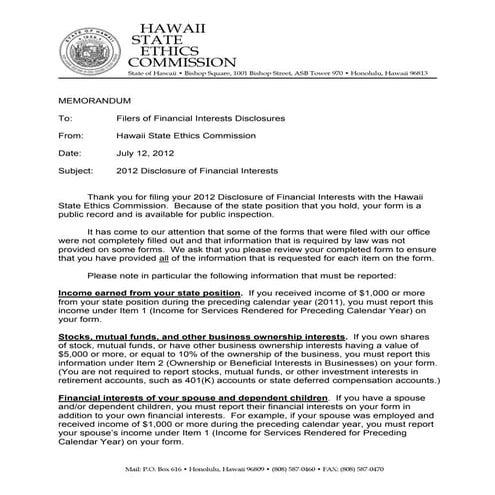 2012 Memo to Filers of Financial Disclosure Statements | PDF