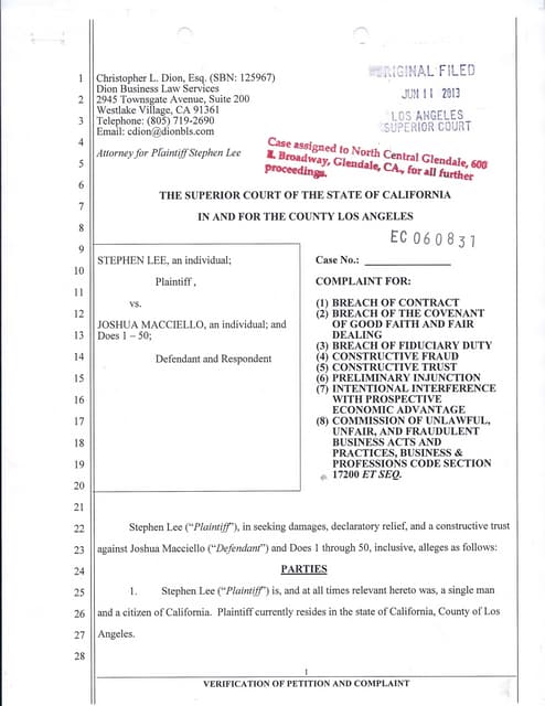 Sample California complaint for assault and battery | PDF