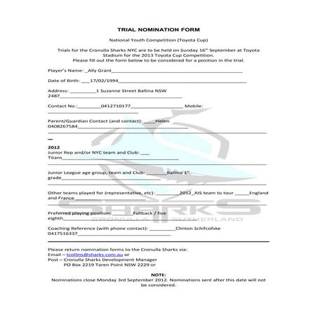 2013 Sharks NYC trial completed form | PDF