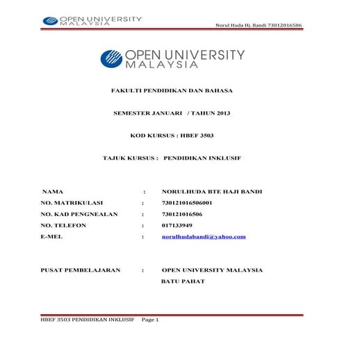 201305290659 hbef 3503 730121016506_norulhuda_aktiviti 1 | PDF