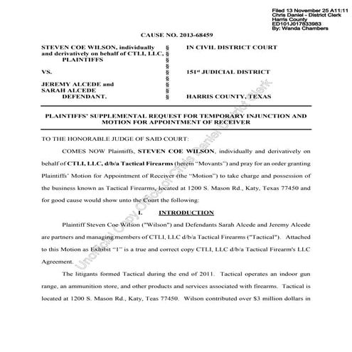 Coe v. Alcede (Tactical Firearms suit) - 20131125 - application for temporary injunction | PDF