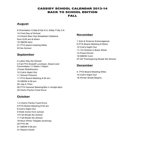 2013-2014 Cassidy Elementary Event Calendar- Back to School Edition | PDF