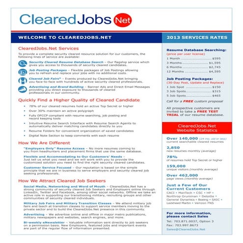 2013 ClearedJobs.Net pricing schedule | PDF