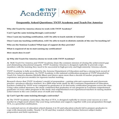 2013 FAQ TFA and TNTP Academy | PDF