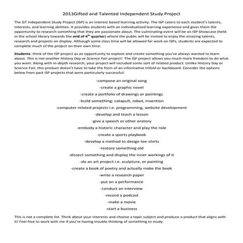 2013 gifted and talented independent study project | DOCX | Education