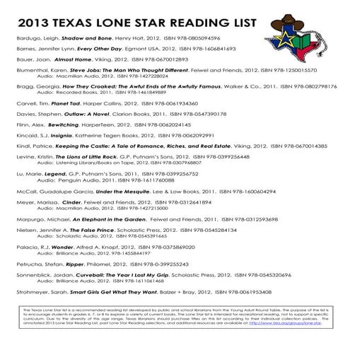 2013 - 2014 Texas Lone Star Reading List | PDF