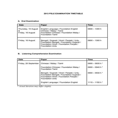 PSLE EXAM TIMETABLE 2013 | PDF | Educational Assessment | Education