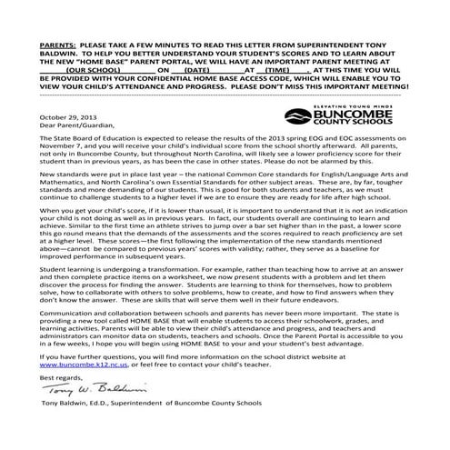 2013 test score letter to parents revised 10.29.13 | Educational ...