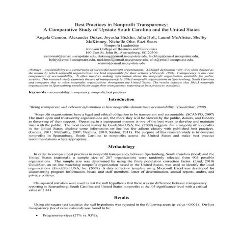 Best Practices in Nonprofit Transparency: A Comparative Study of Upstate South Carolina and the ...