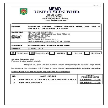Memo Pengosongan Asrama (Ambilan Mei 2014) | PDF