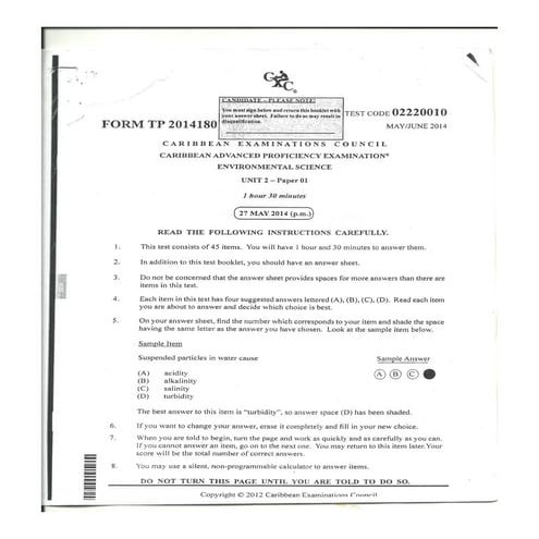 CAPE Environmental Science Unit 2 Paper 1 2014 | PDF