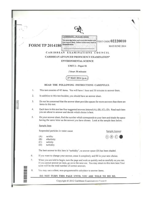 CAPE Environmental Science Unit 2 Paper 1 2010 | PDF