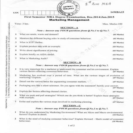 1st Semester MBA (December-2014) Question Papers | PDF