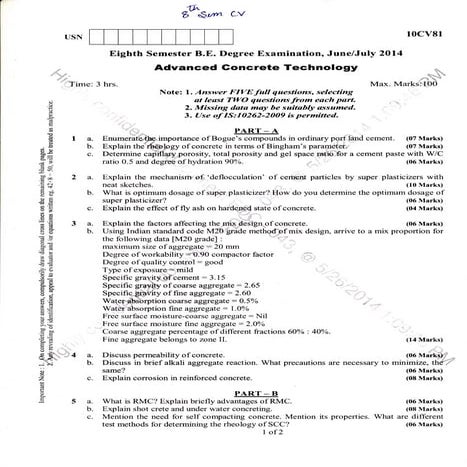 8th Semester (June; July-2014) Civil Engineering Question Paper | PDF