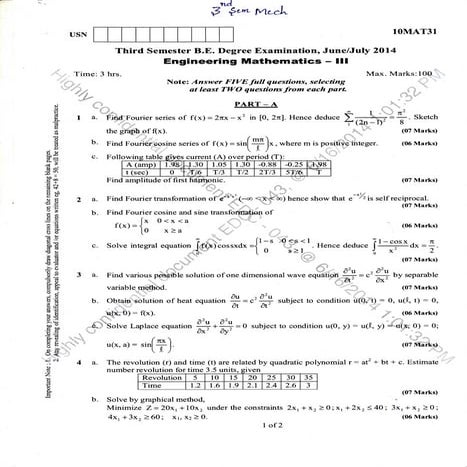 3rd Semester (June; July-2014) Mechanical Engineering Question Papers | PDF