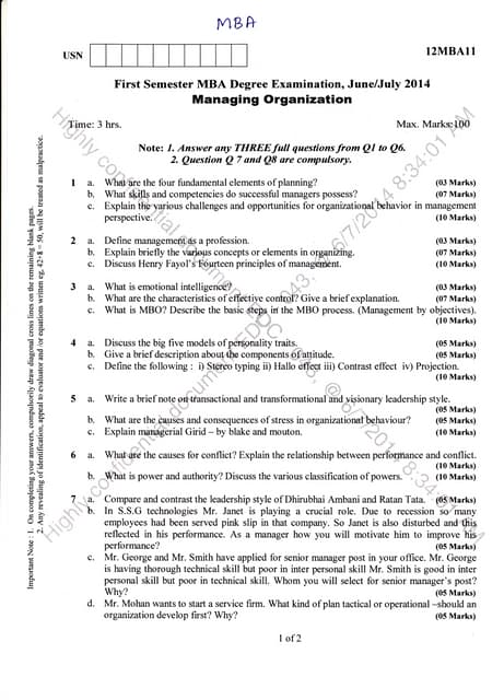 1st Semester MBA (Jun-2016) Question Papers | PDF