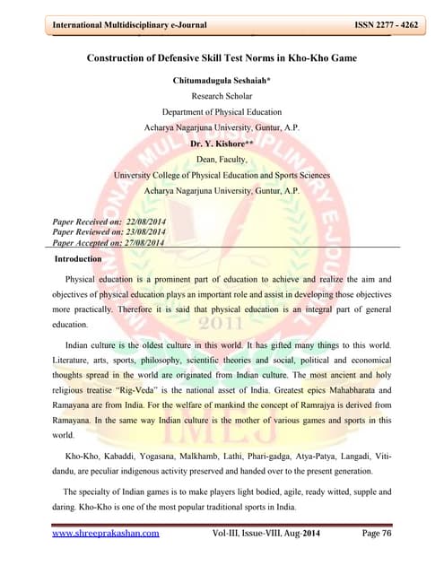 Physical Education Project on Kho-Kho (Class-12) | PDF